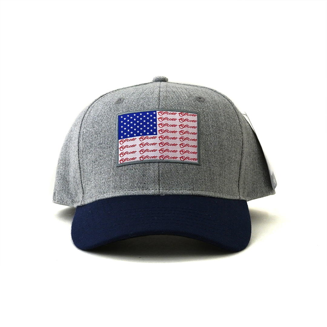 HEATHER GREY AND NAVY BLUE HAT WITH AMERICAN FLAG PATCH｜スコット｜Casket カスケット