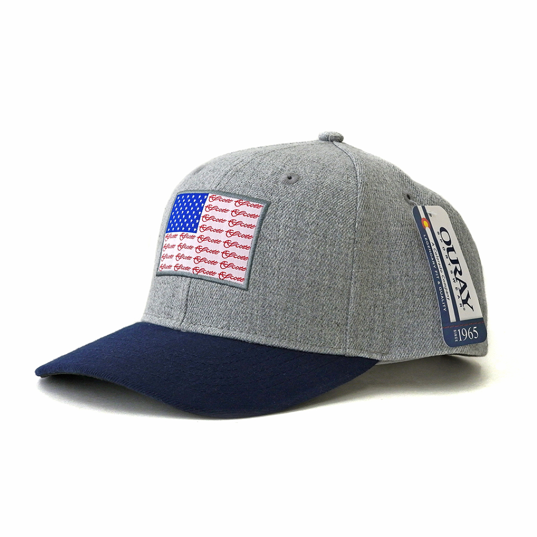 HEATHER GREY AND NAVY BLUE HAT WITH AMERICAN FLAG PATCH｜スコット｜Casket カスケット