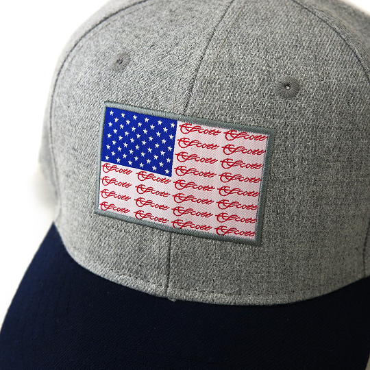 HEATHER GREY AND NAVY BLUE HAT WITH AMERICAN FLAG PATCH｜スコット｜Casket カスケット